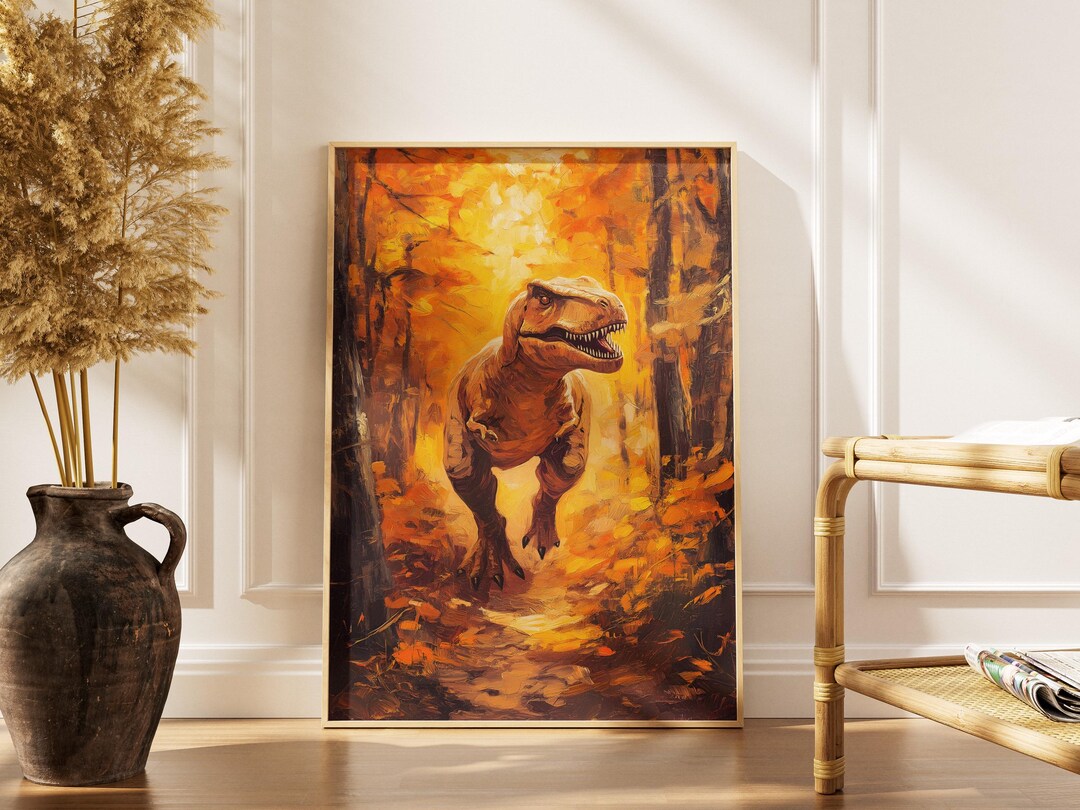 Autumn T-rex Dinosaur Print – Fiery Fall Forest Wall Art (digital ...