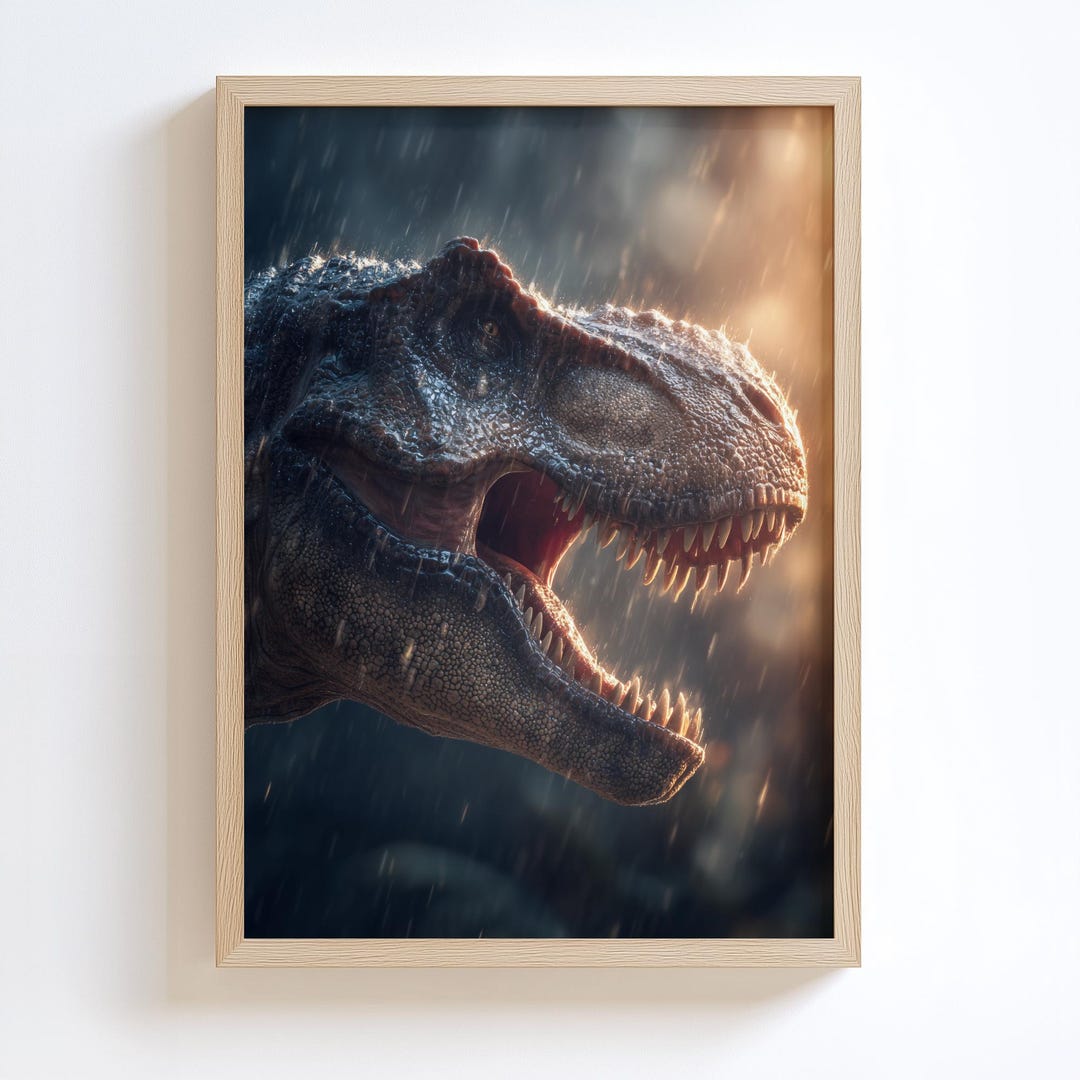 Roaring T-rex in Rainstorm Wall Art: Jurassic Dinosaur Poster for Home ...