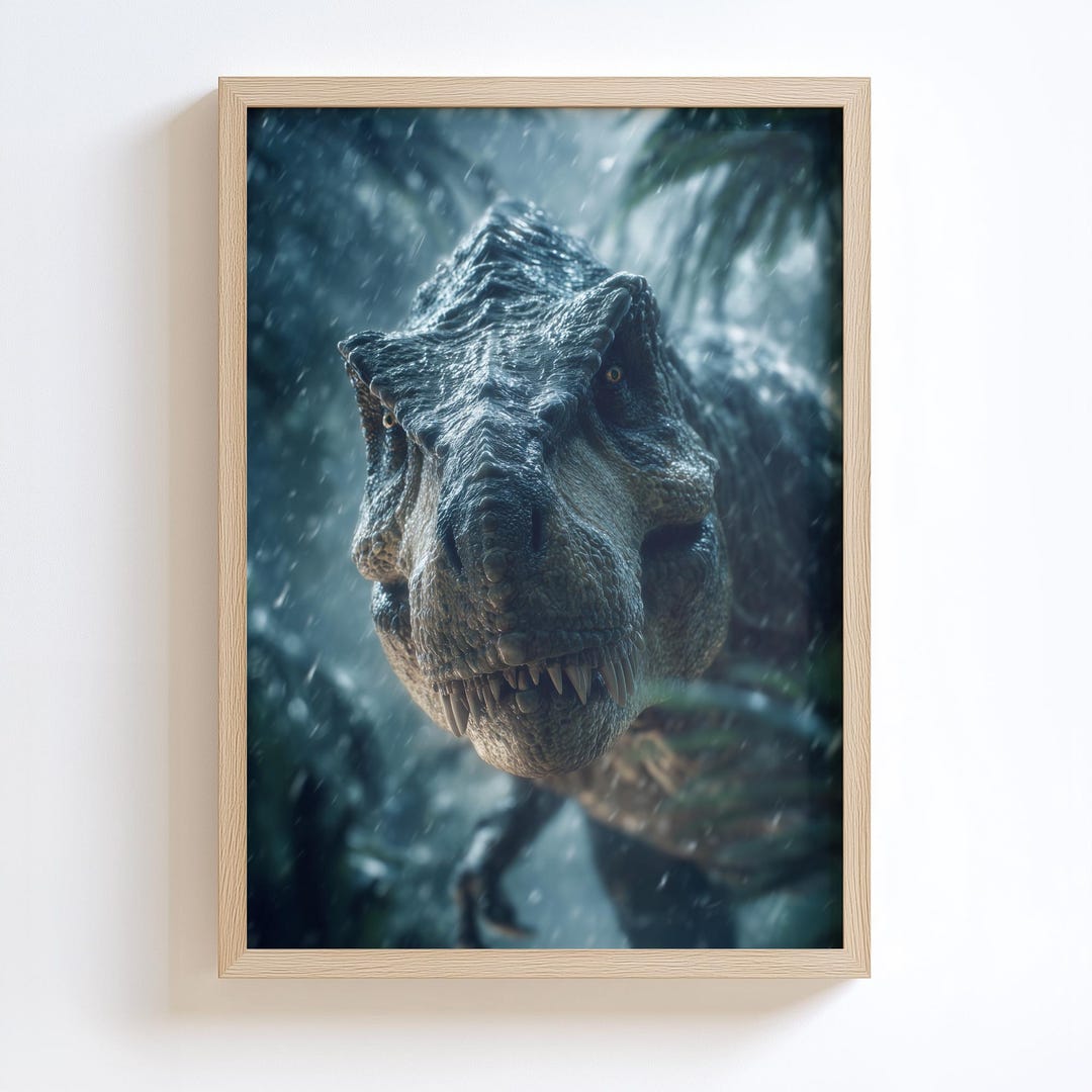 Roaring T-rex in Rainstorm Wall Art: Jurassic Dinosaur Poster for Home ...