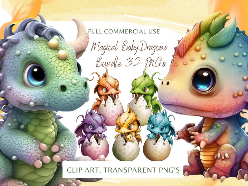 32 Watercolor Dragon Clip Art Set - Stunning Fantasy Illustrations in ...