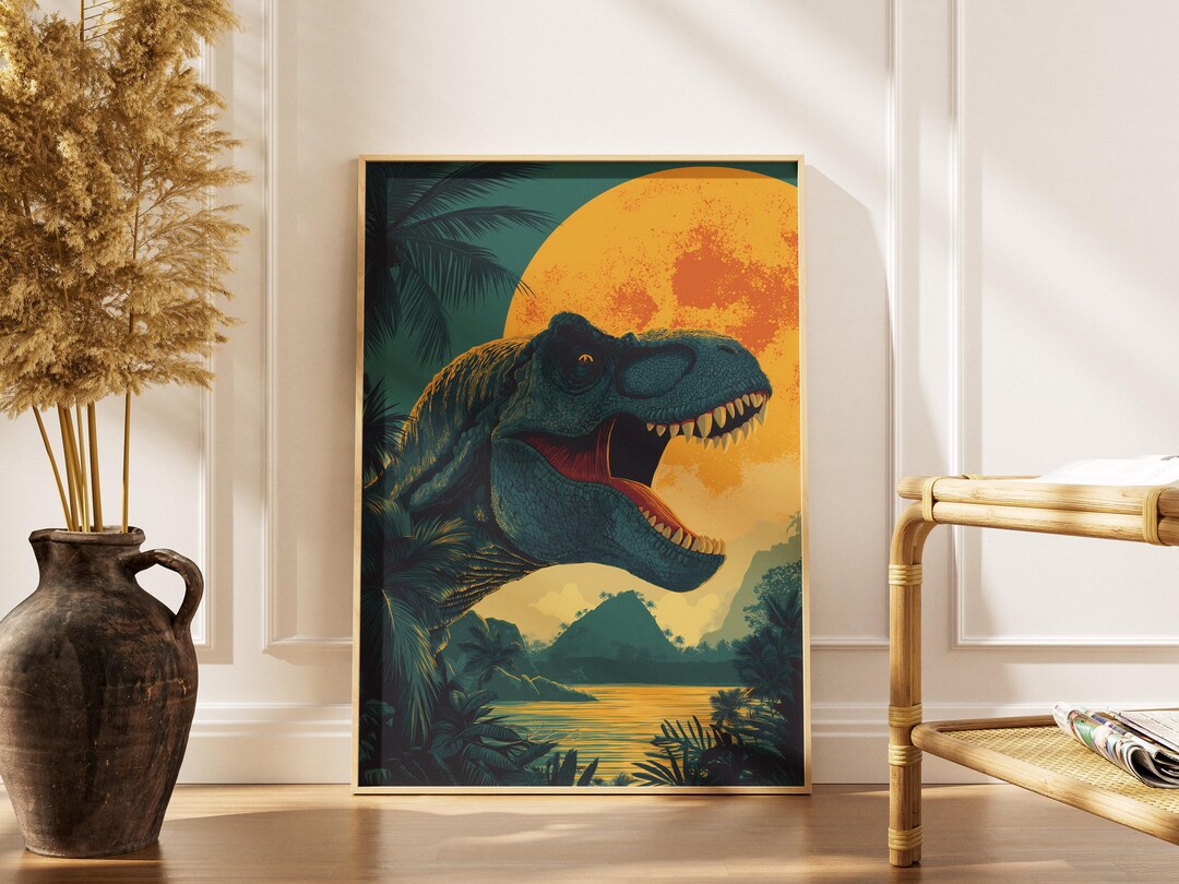 Retro T-rex Moon Poster – Dinosaur Island Night Sky Wall Art Print - Etsy