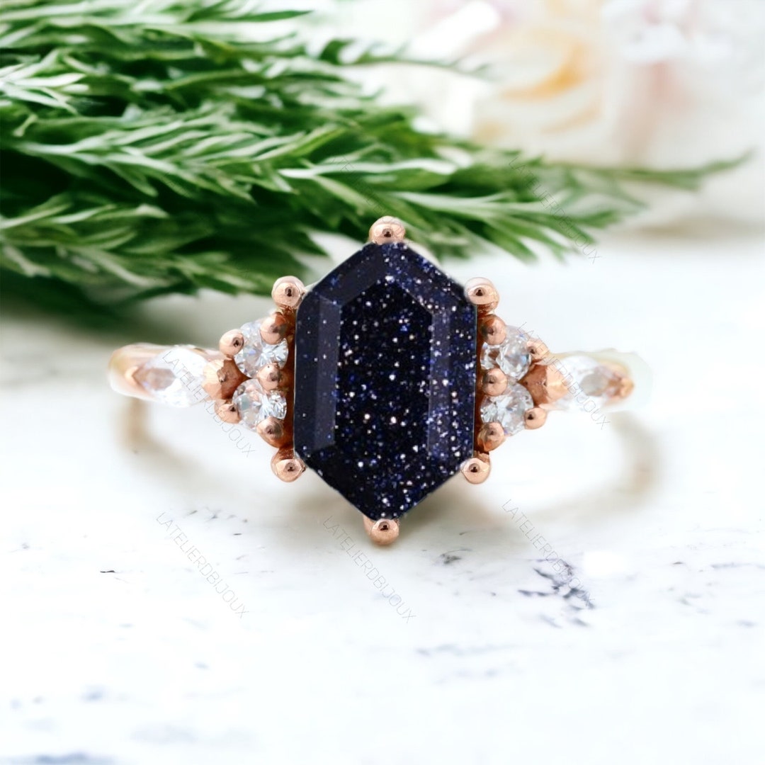 Galaxy Hexagon Blue Sandstone Wedding Ring 14K Gold Promise Ring Galaxy ...
