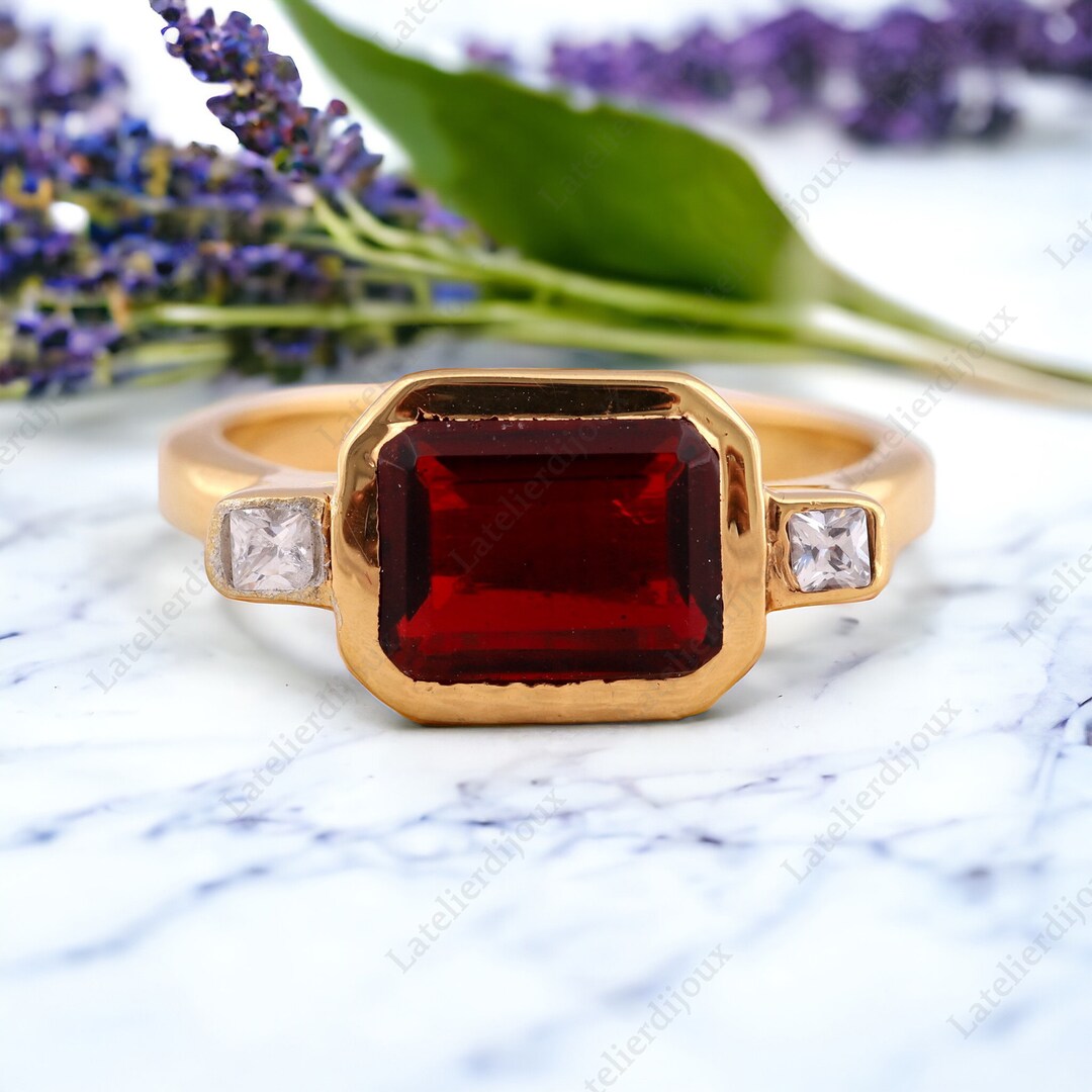 Rectangular Garnet Ring, Emerald Cut Gemstone Ring, January Birthstone ...