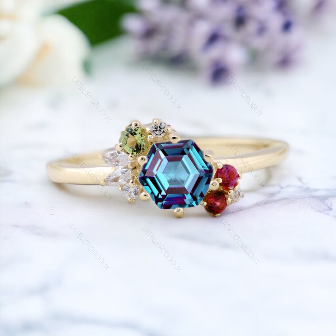 Hexagon Alexandrite Ring Gold Silver for Women Vintage Unique ...