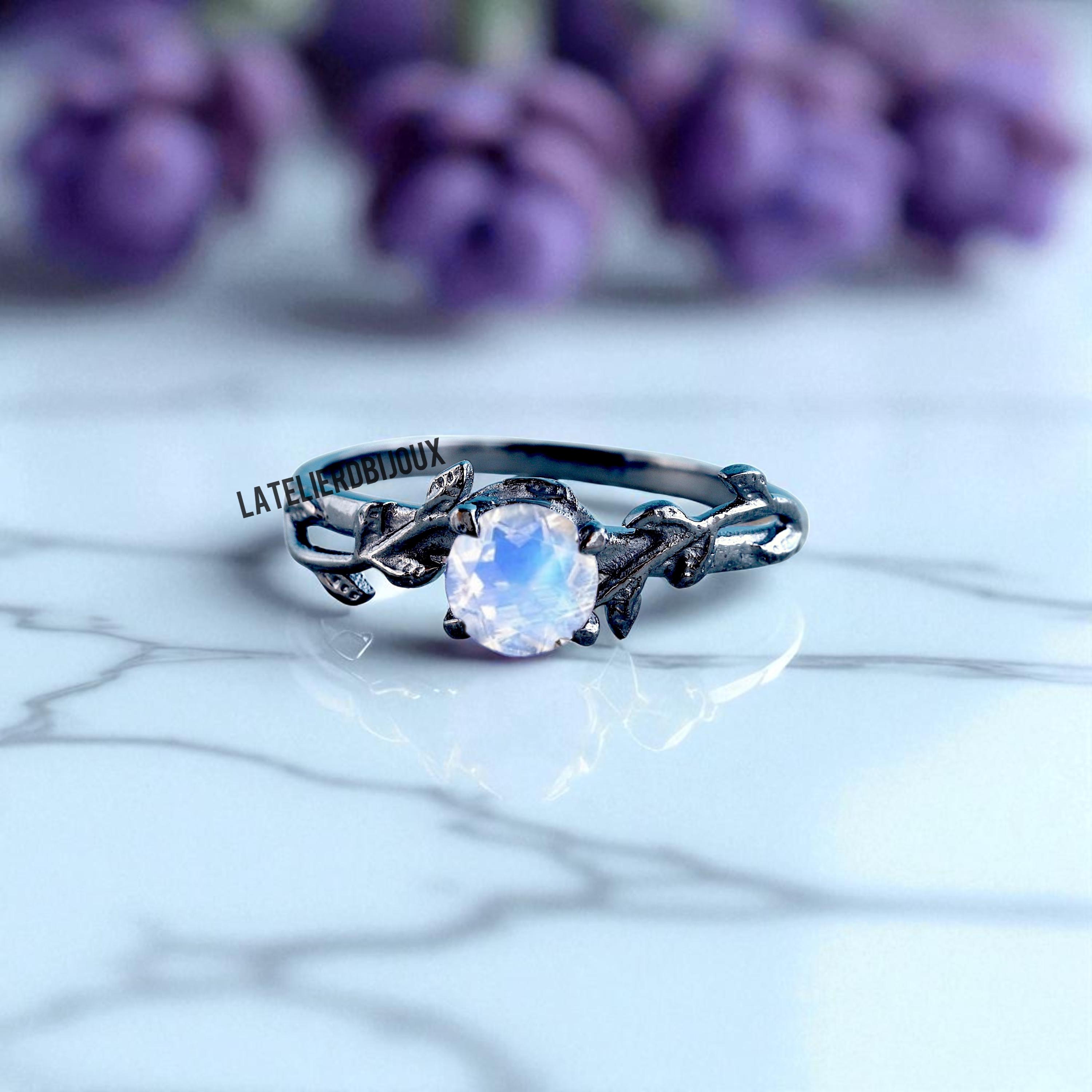 Gothic Moonstone Engagement Ring Unique Art Deco 14k Black Gold Promise ...