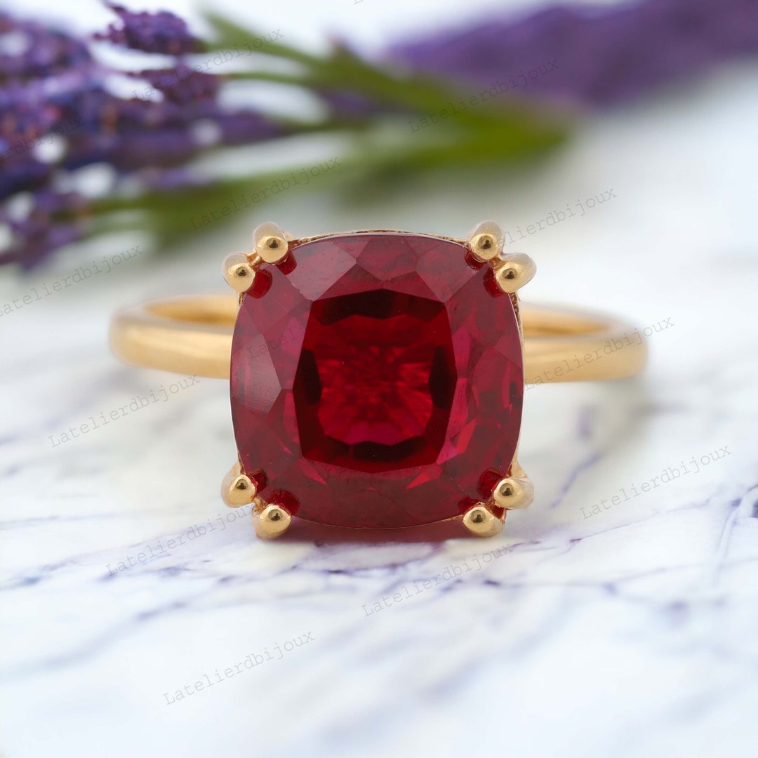 Cushion Cut Ruby Engagement Ring Solid Yellow Gold Solitaire Ring July ...