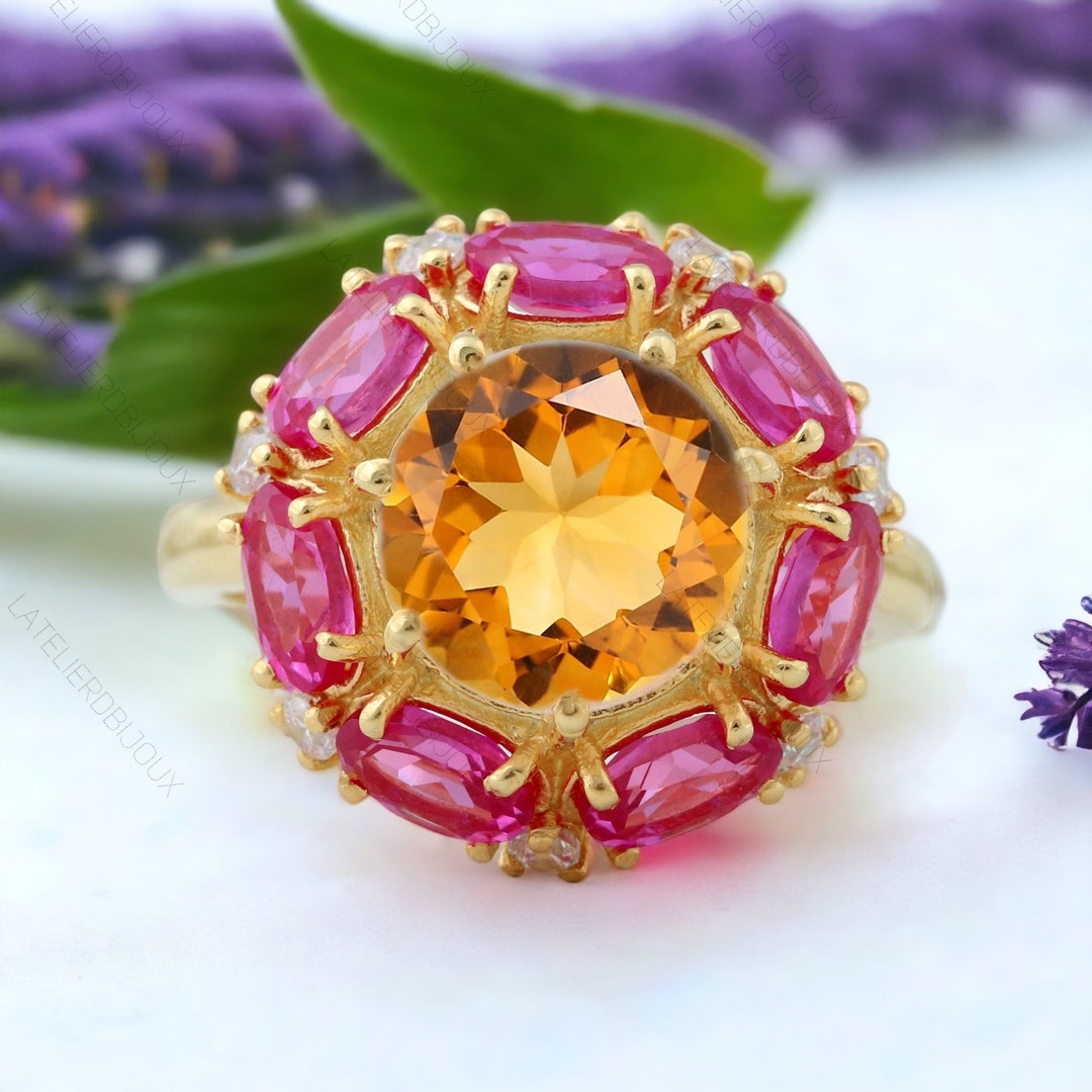 Vintage Citrine Engagement Ring Citrine Bridal Wedding Ring Vintage Ruby Halo Ring Yellow Gold ...