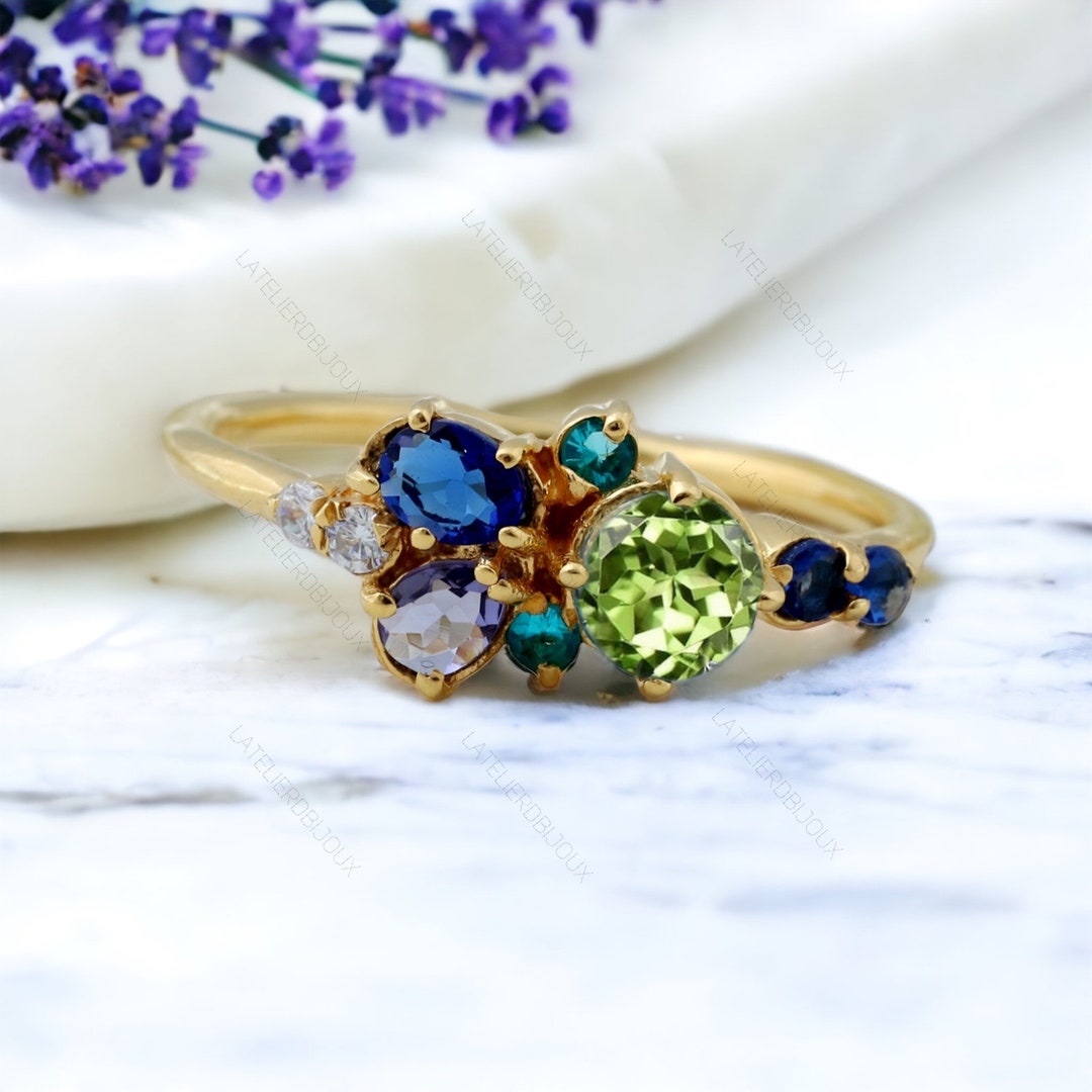 Mixed Stone Cluster Ring Peridot Ring, London Blue Topaz Sapphire & CZ ...