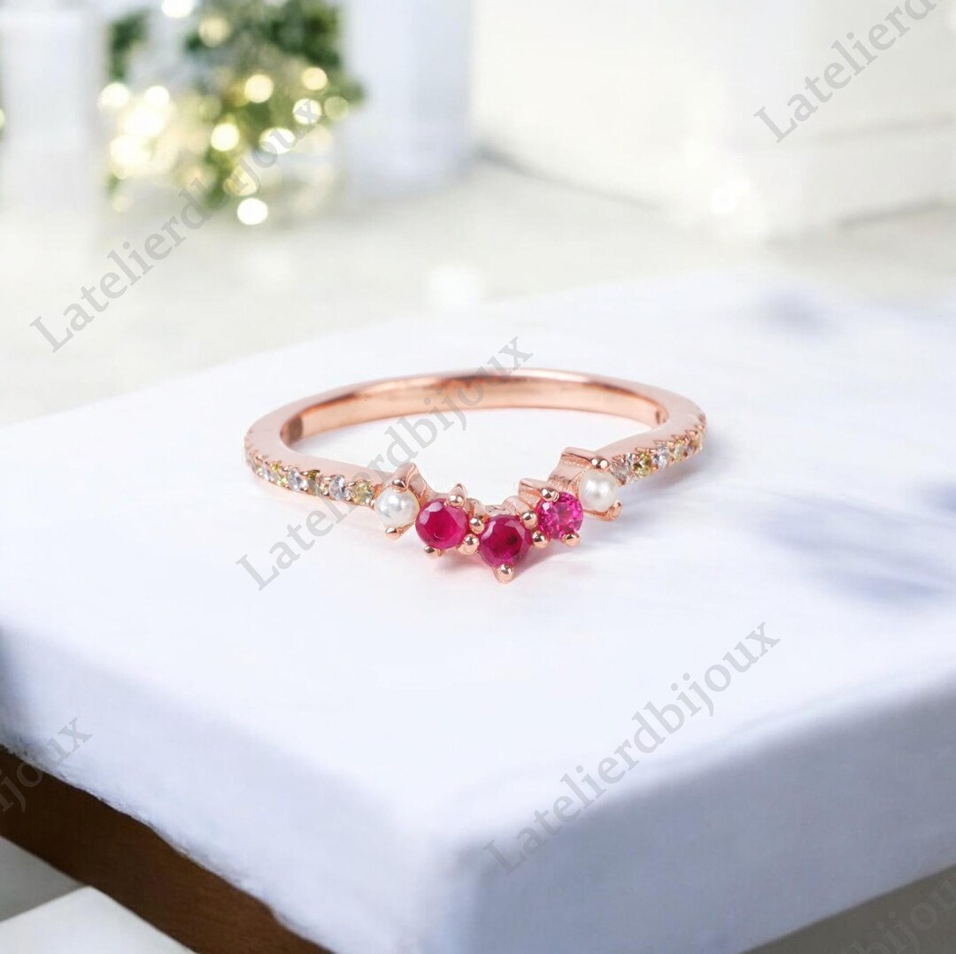 Pink Ruby Diamond Stacking Band, Freshwater Pearl Curved Matching Band ...