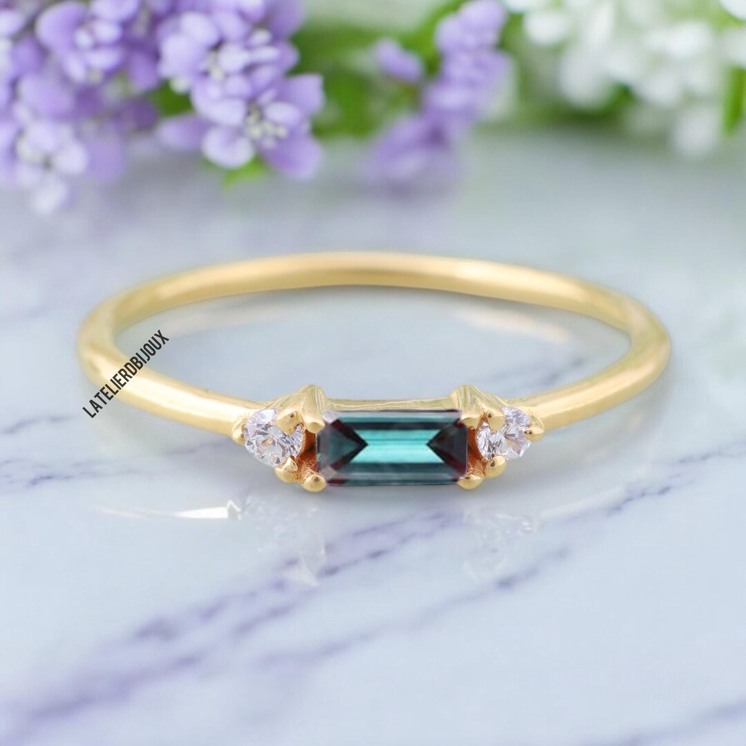 Baguette Alexandrite Ring, Alexandrite Wedding Ring, Yellow Gold Wedding Band, Dainty Ring, June ...