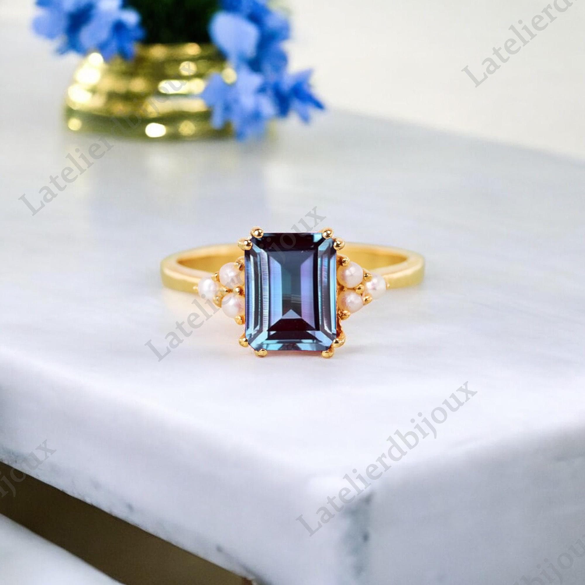 Emerald Cut Alexandrite Ring, Freshwater Pearl Cluster Ring, 18K Solid ...