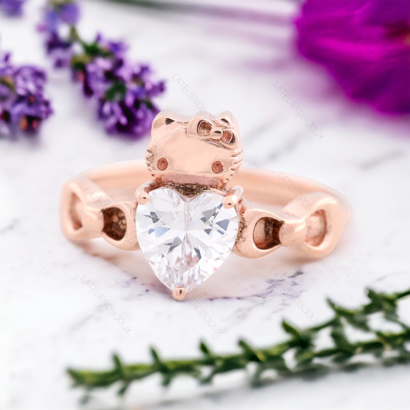 Heart Shape Kitty Ring, Novelty Statement Ring, 925 Silver Kitty Ring ...