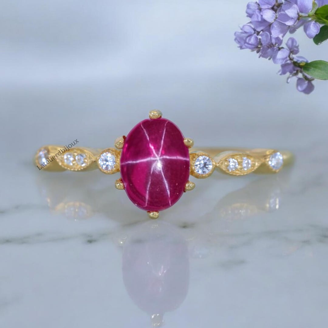 Vintage Star Ruby Engagement Ring, 14K Yellow Gold Diamond Jewelry ...