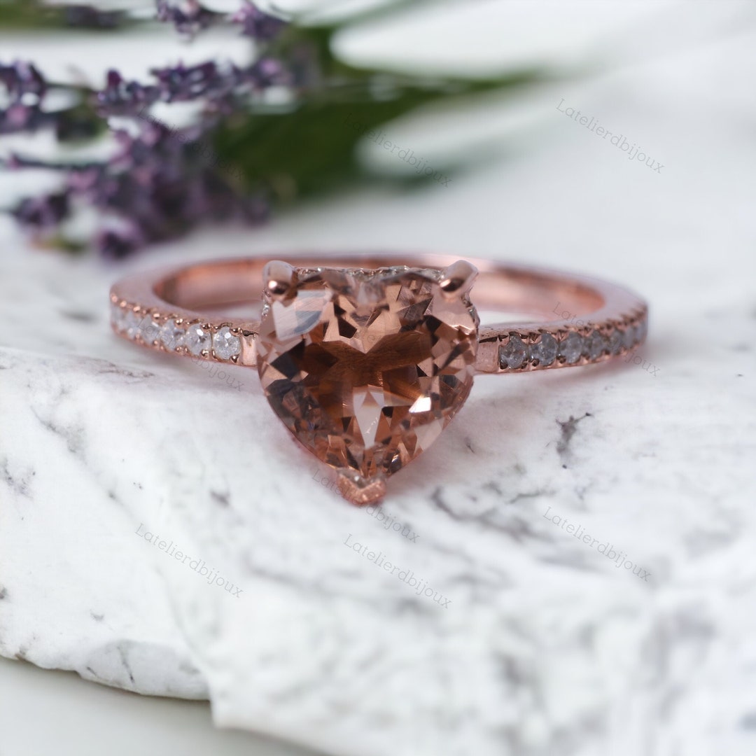 Heart Shaped Morganite Engagement Ring Rose Gold Half Eternity Diamond ...