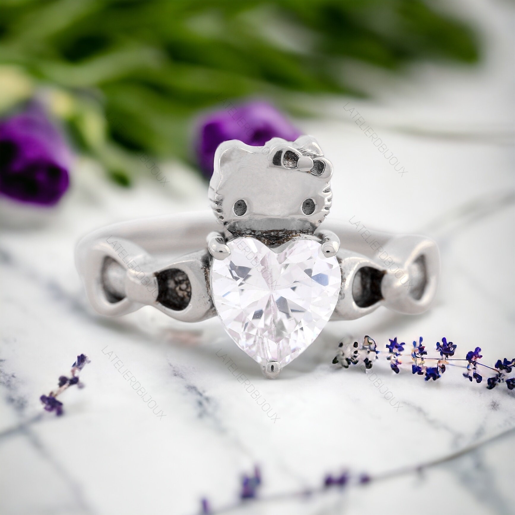 Heart Shape Kitty Ring, Novelty Statement Ring, 925 Silver Kitty Ring ...