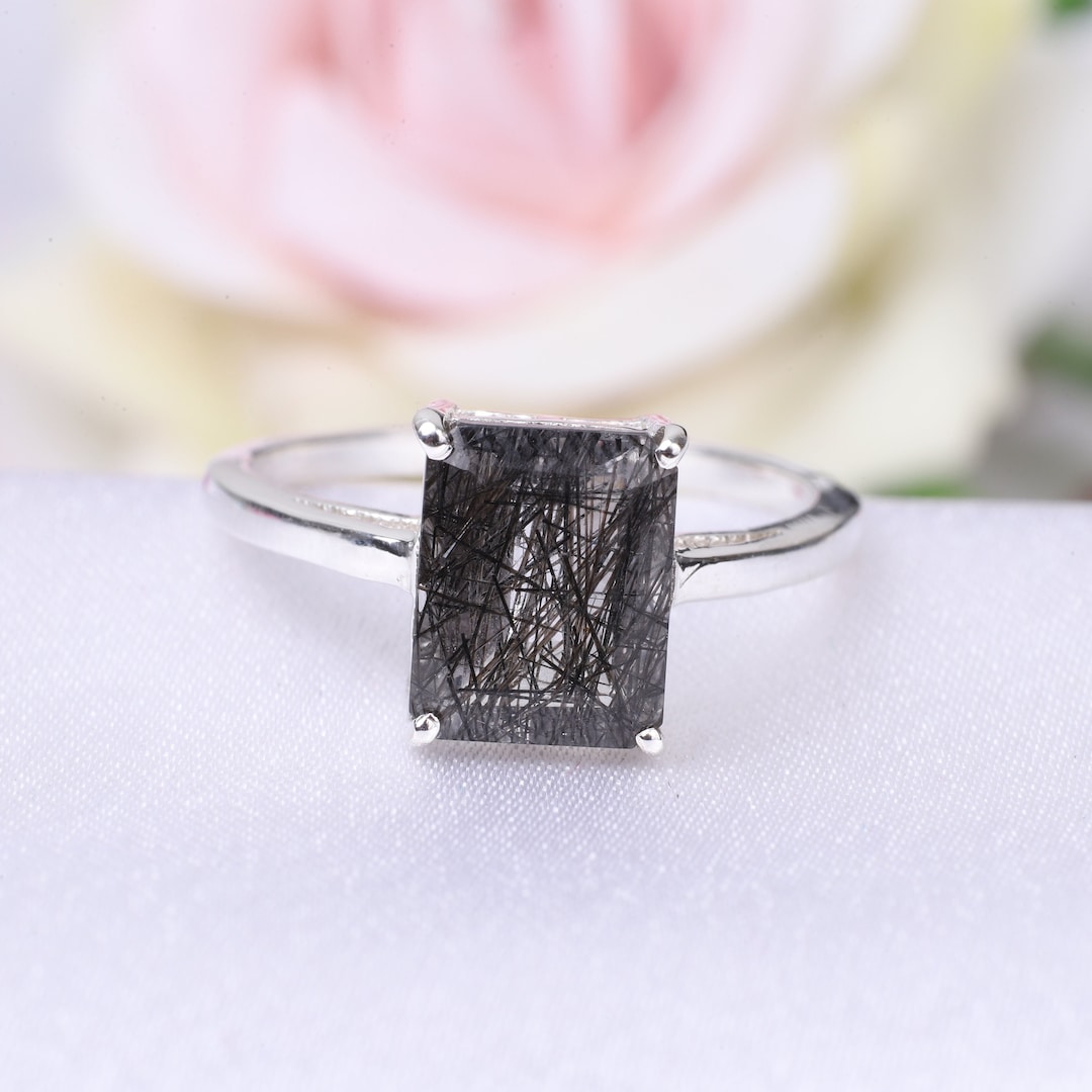 Black Rutile Quartz Ring, Statement Ring, Emerald Cut Black Rutilated ...