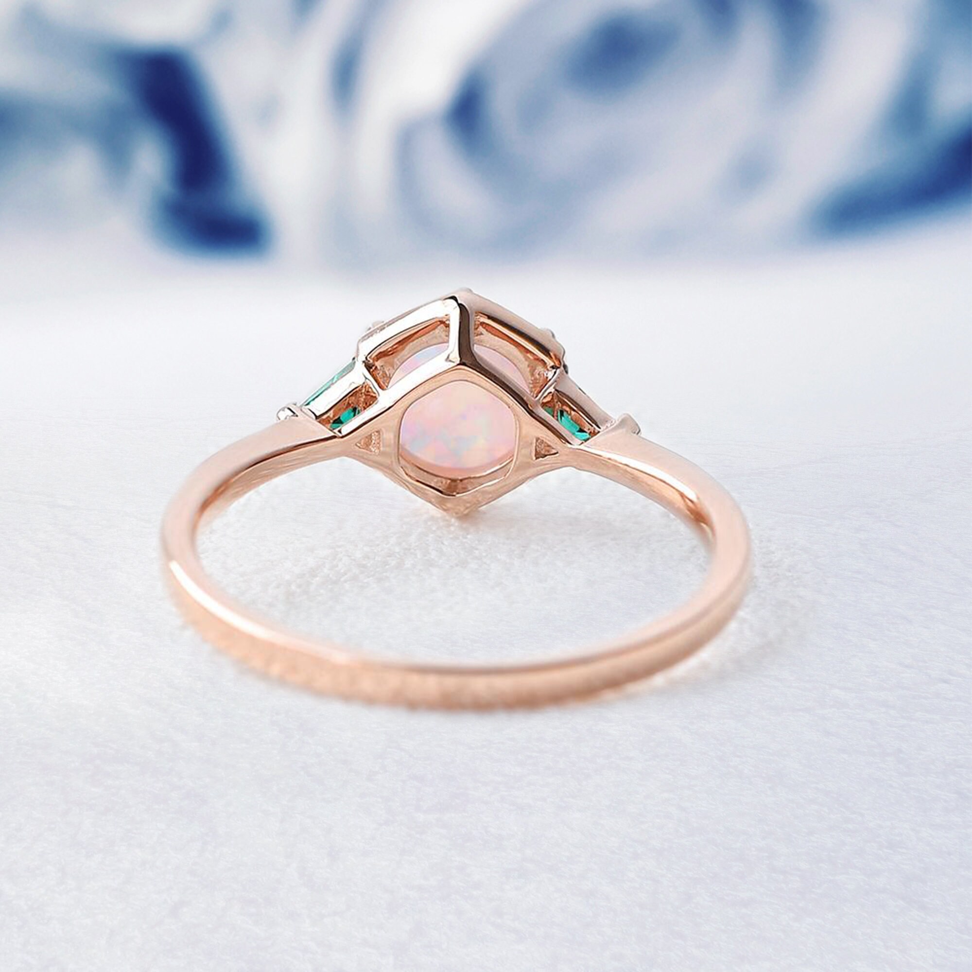 Fire Opal Engagement Ring, Triangle Emerald Ring, Bridal Ring, October ...