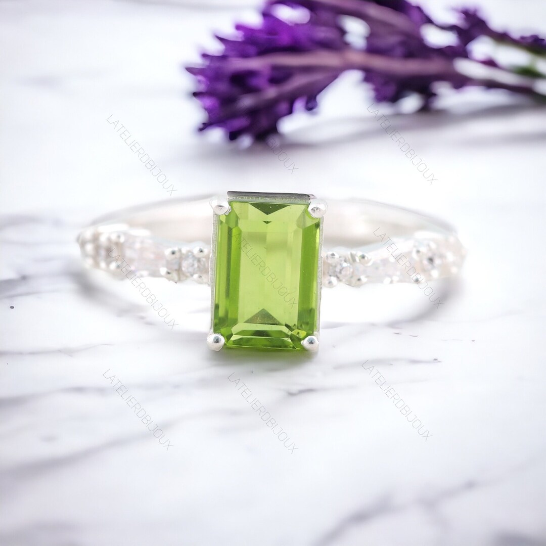 Emerald Cut Peridot Engagement Ring, 14K White Gold Diamond Jewelry ...