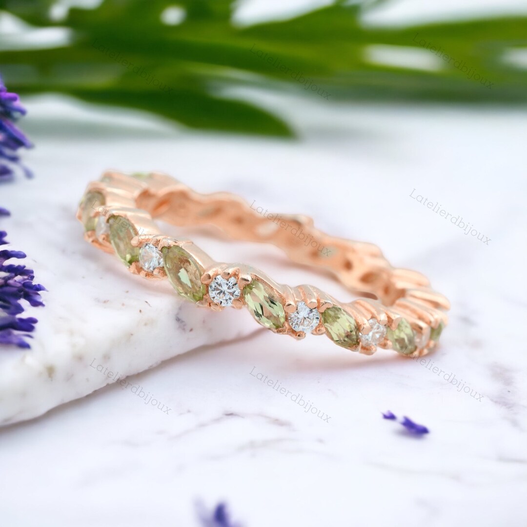 Vintage Peridot Wedding Band, 14k Solid Gold Ring, Cluster Marquise ...