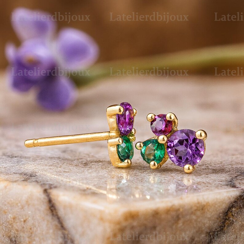 Multi Gemstone Stud Earring, Tiny Gemstone Ruby Earring, Minimalist ...