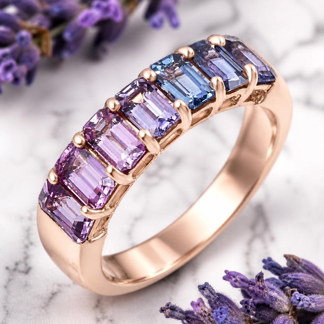 Rainbow Gemstone Eternity Band, 14k Gold Sapphire Promise Ring, Half ...