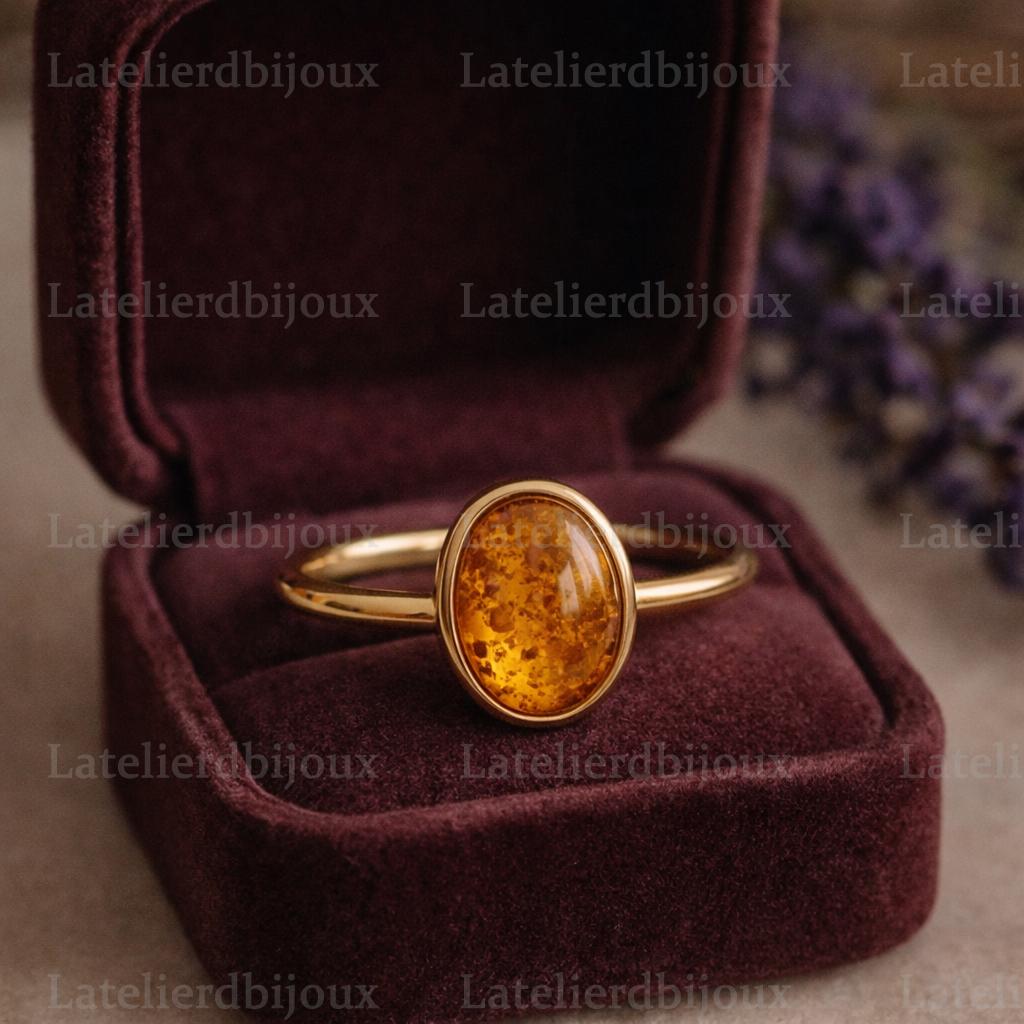 Oval Orange Amber Ring in Gold | June Birthstone Ring | Rainbow Amber ...