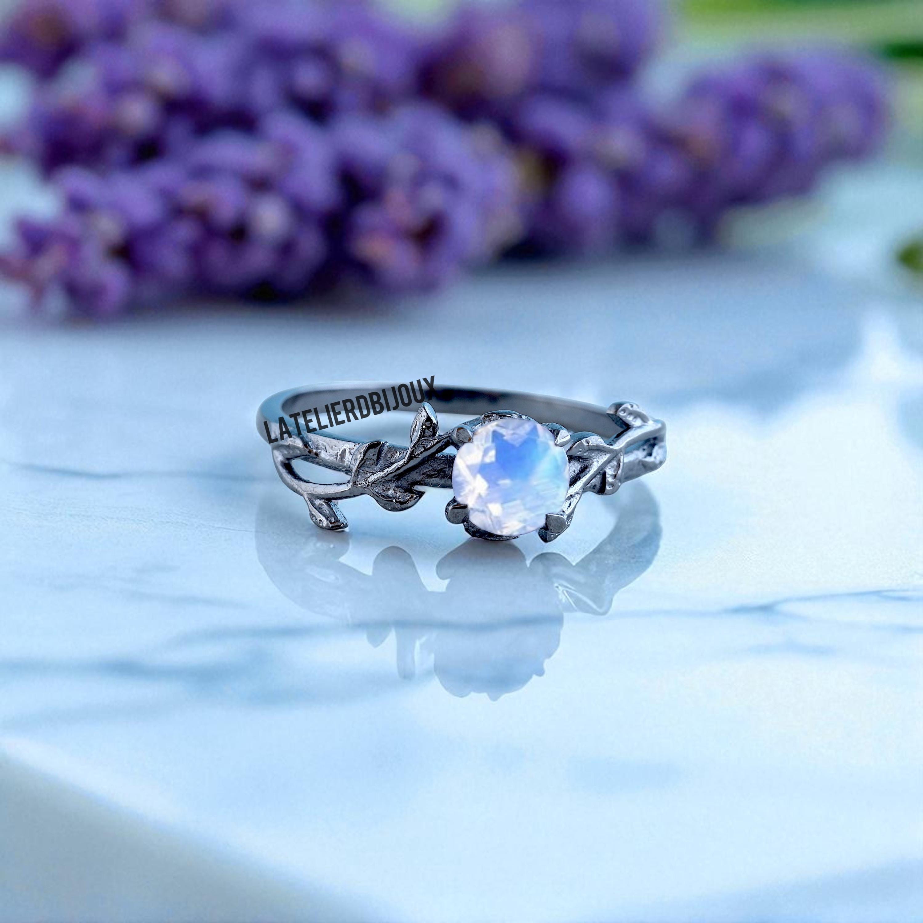 Gothic Moonstone Engagement Ring Unique Art Deco 14k Black Gold Promise ...