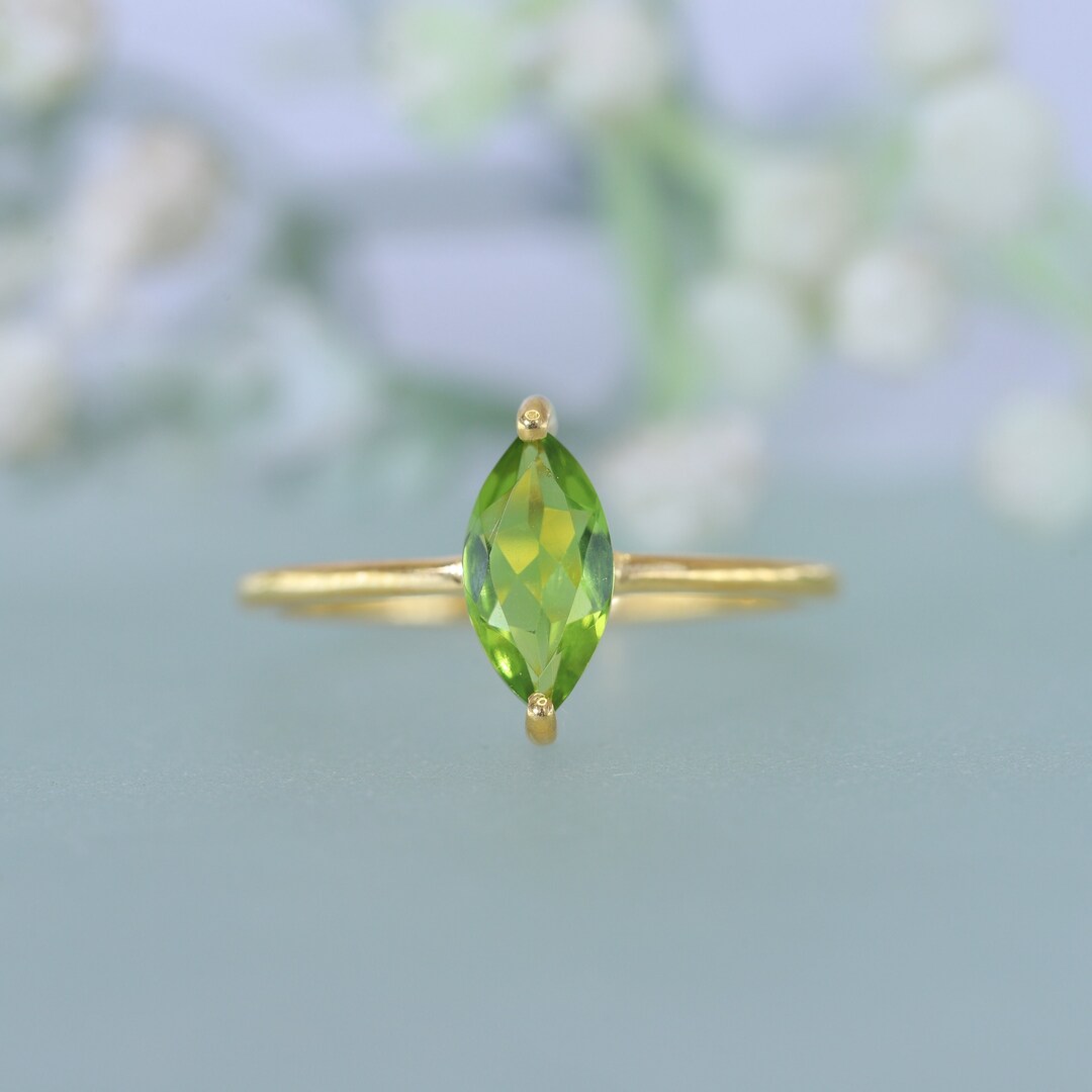 Marquise Peridot Wedding Ring, 14K Yellow Gold Bridal Jewelry, Delicate ...
