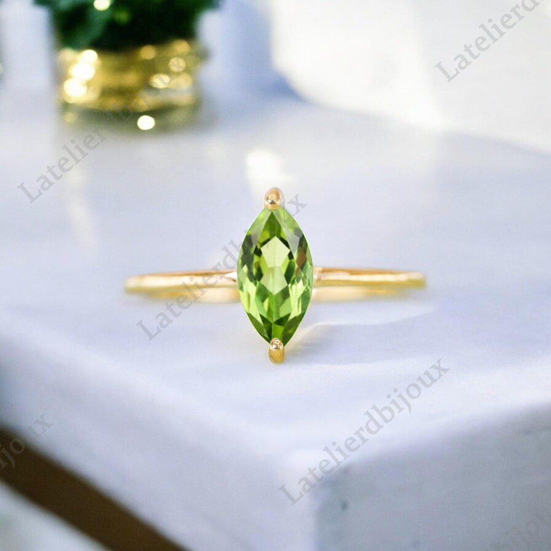 Marquise Peridot Wedding Ring, 14K Yellow Gold Bridal Jewelry, Delicate ...