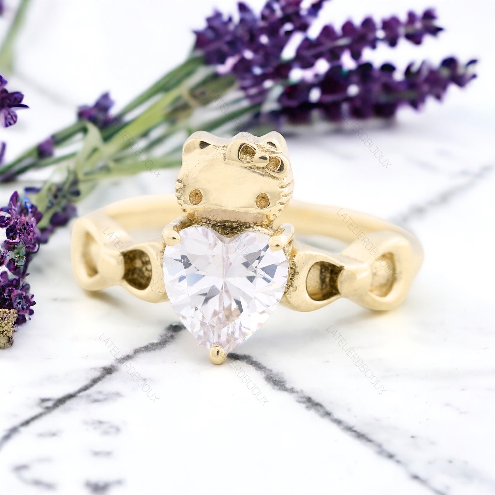 Heart Shape Kitty Ring, Novelty Statement Ring, 925 Silver Kitty Ring ...