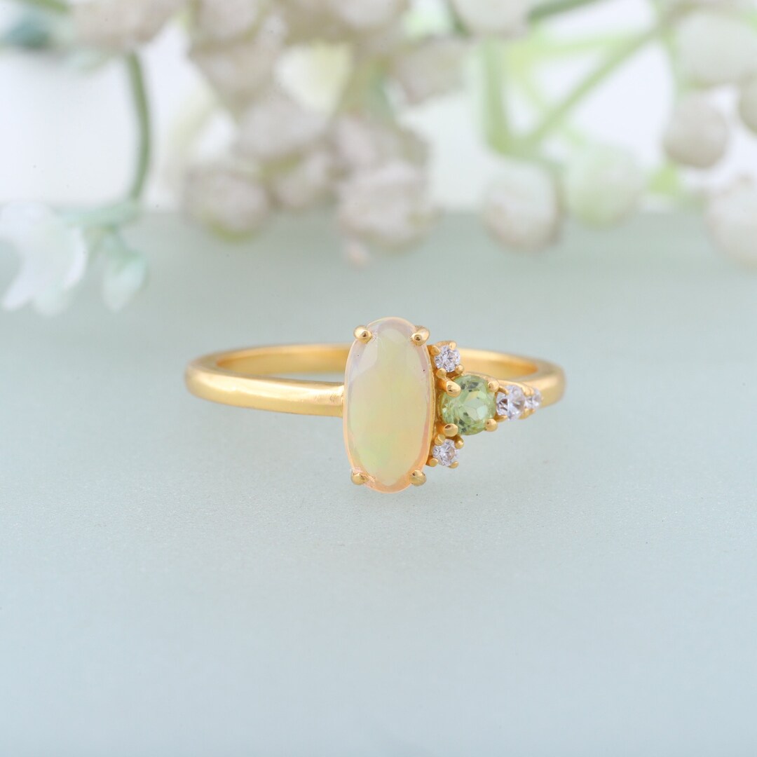 Vintage Opal and Peridot Cluster Ring, October Birthstone Delicate Ring ...