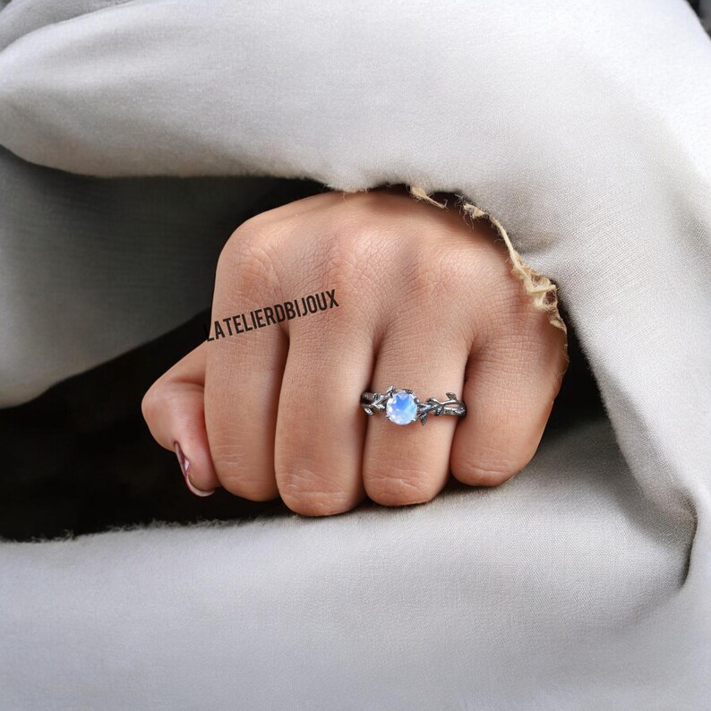 Gothic Moonstone Engagement Ring Unique Art Deco 14k Black Gold Promise ...
