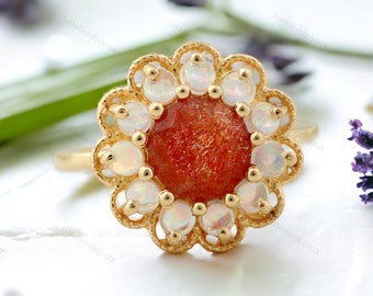 Vintage Sunstone Opal Ring 14K Yellow Gold Round Orange Unique Gemstone ...