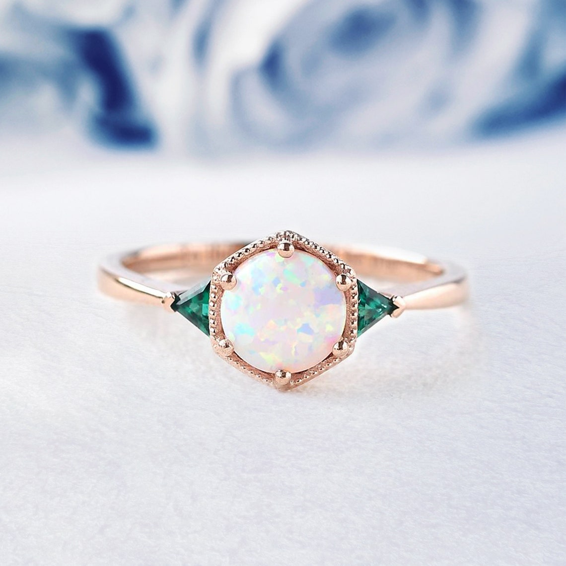 Fire Opal Engagement Ring Triangle Emerald Ring Bridal Ring - Etsy