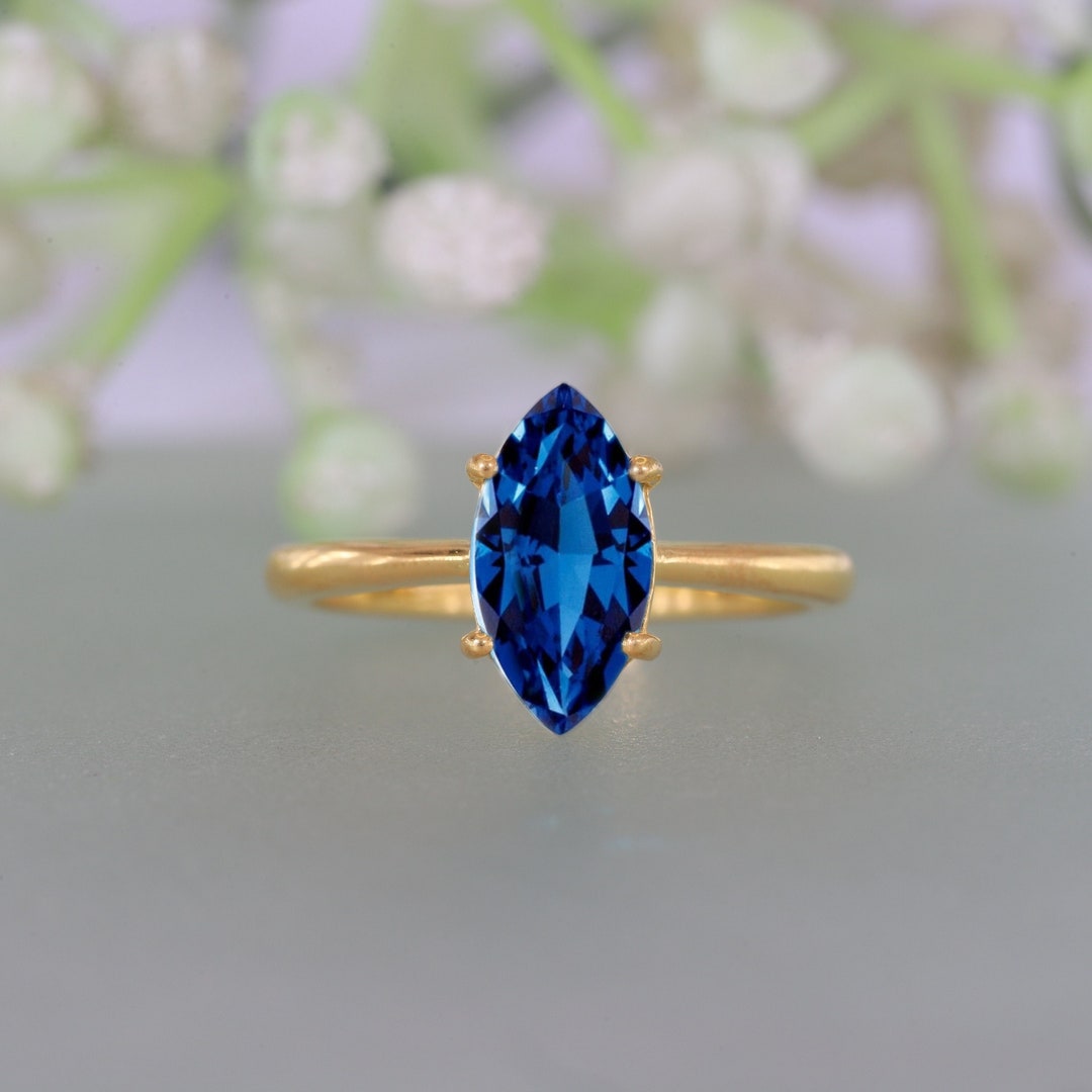 Marquise Cut Sapphire Engagement Ring, Unique Solitaire Bridal Promise Ring, Antique Dark Blue ...