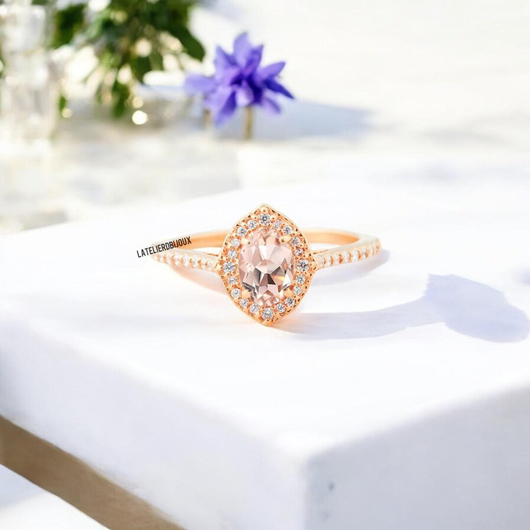 Vintage Morganite and Diamond Engagement Ring, Oval Morganite Bridal ...