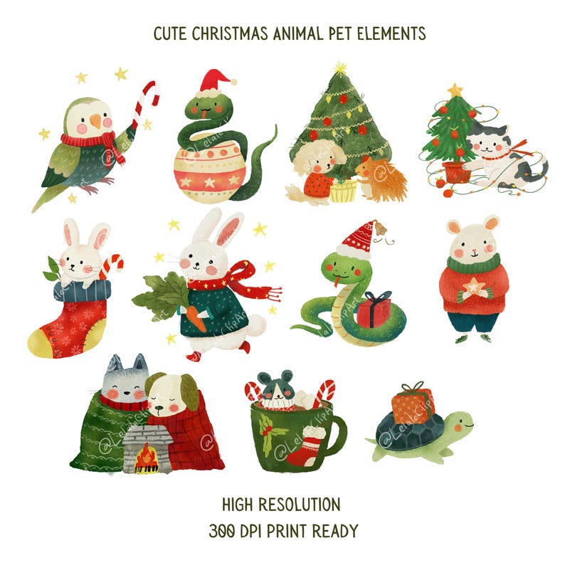 Christmas Pet Clipart Bundle Cute Dog Cat Rabbit Snake Bird Hamster PNG ...