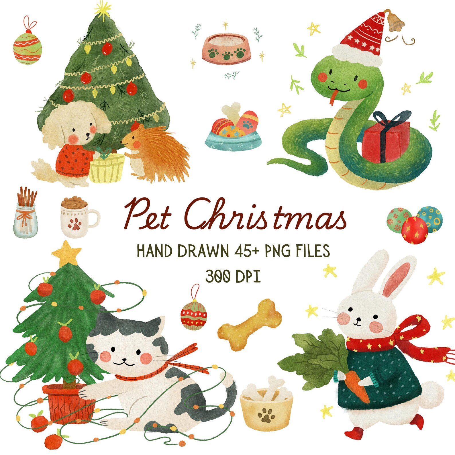 Christmas Pet Clipart Bundle Cute Dog Cat Rabbit Snake Bird Hamster PNG ...