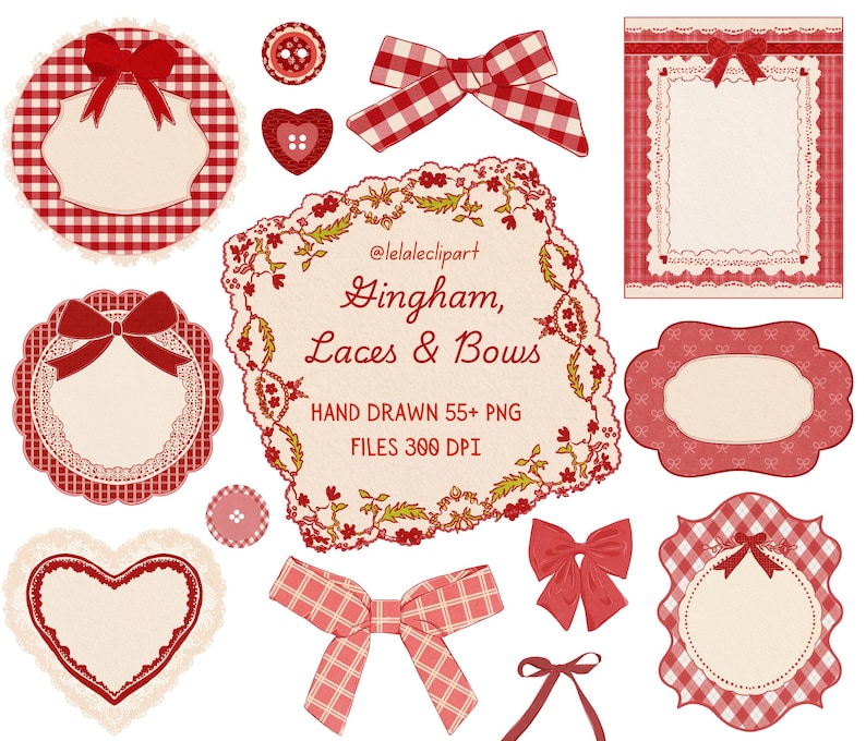 Red Gingham Frames, Vintage Lace Frames Clipart Bundle, Plaid Frames ...
