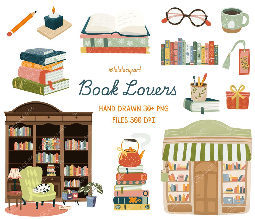 Book Lover Clipart Set, Cozy Reading Clipart, Bookstore & Library PNG ...