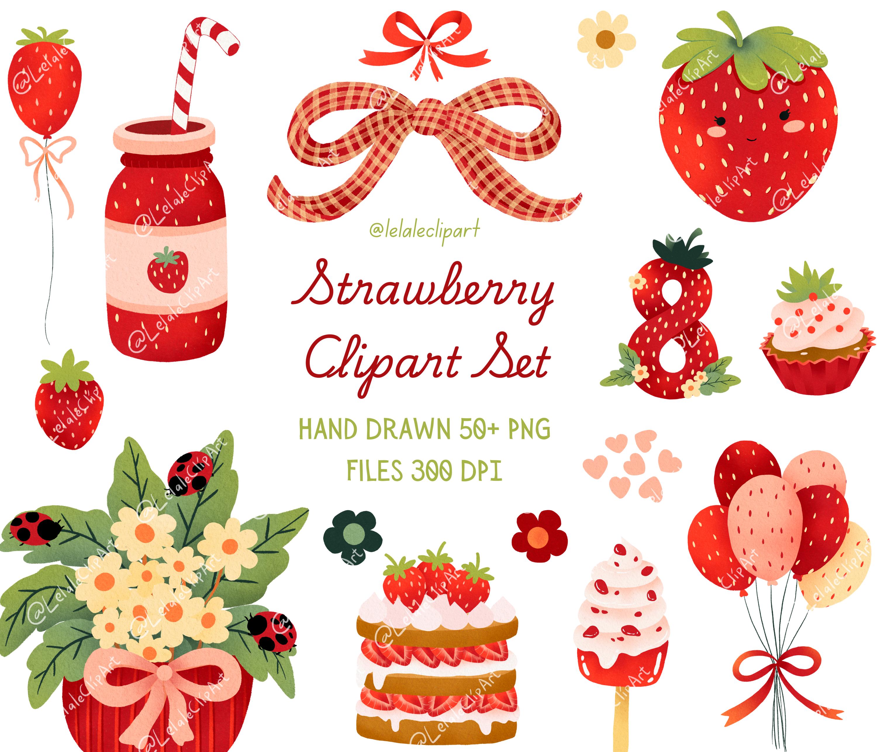 Strawberry Clipart Set Cute Hand Drawn Bows Cakes Ice Cream Desserts ...