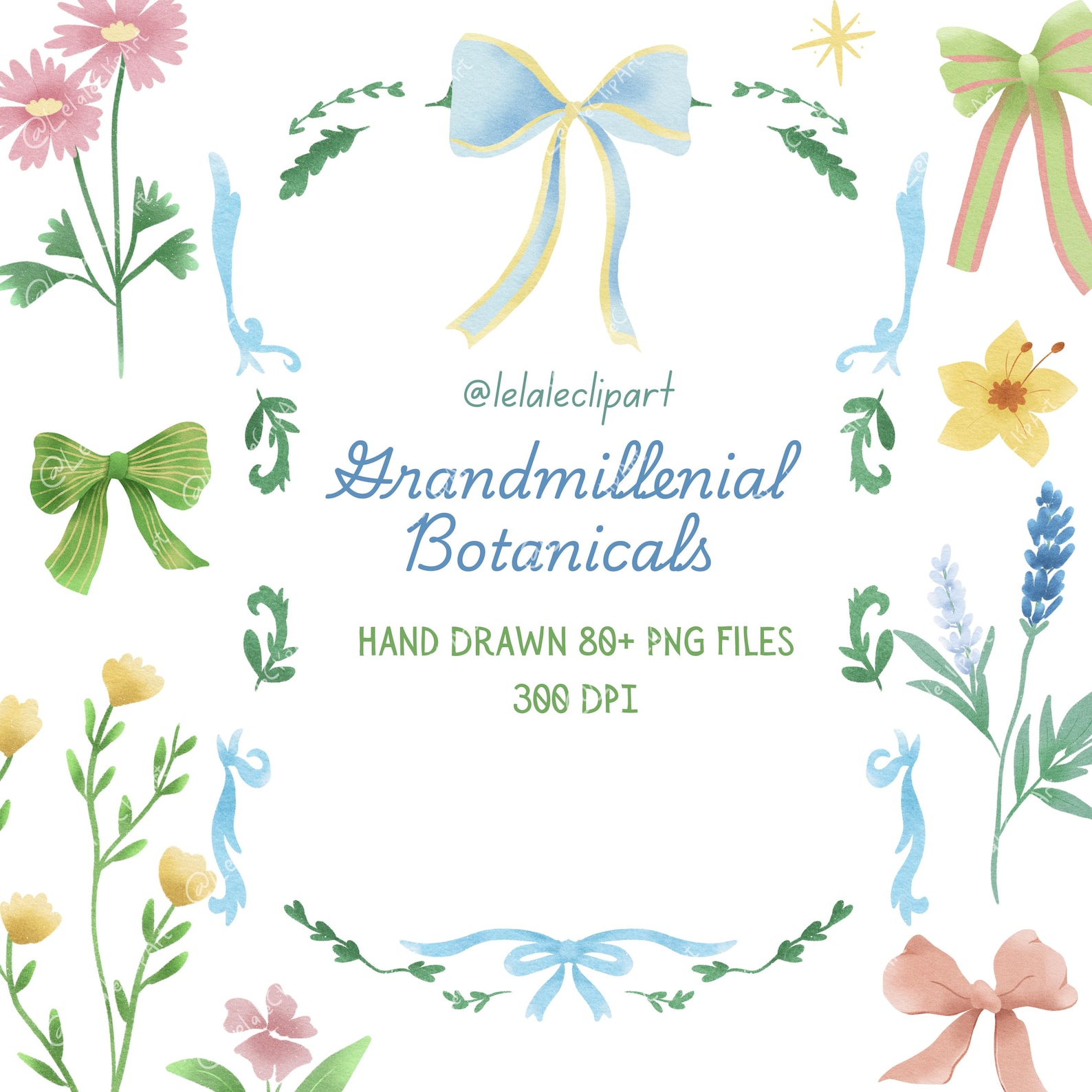 Grandmillennial Botanical Watercolor Clipart Bundle, Vintage Floral PNG ...