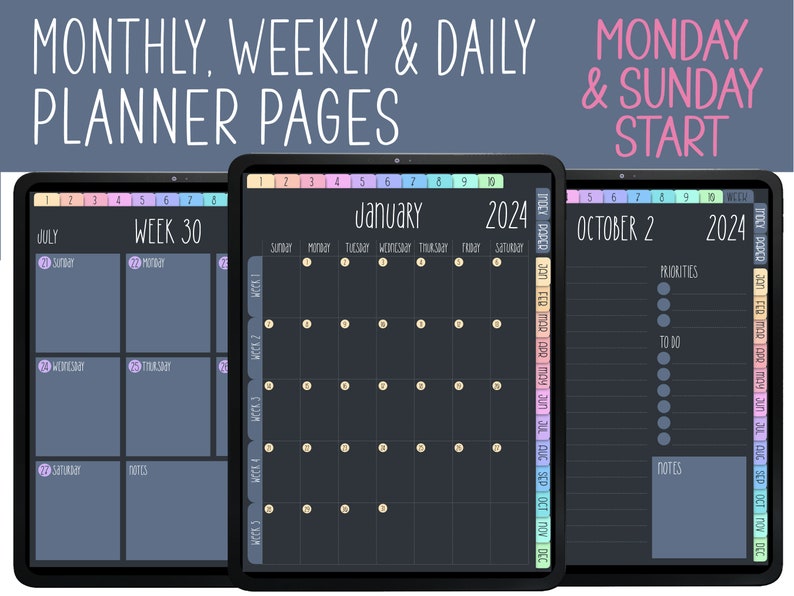 2024 DIGITAL PLANNER Dark Mode, Goodnotes Planner Pastel Rainbow ...