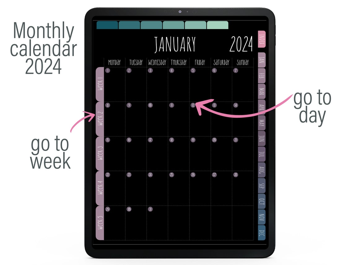 DIGITAL PLANNER 2024 Dark Mode, Digital Calendar 2024 Digital Planner ...