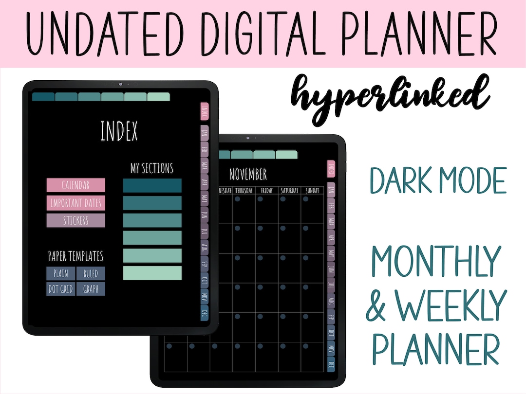 UNDATED DIGITAL PLANNER Dark Mode Minimalist Digital Planner Monthly ...