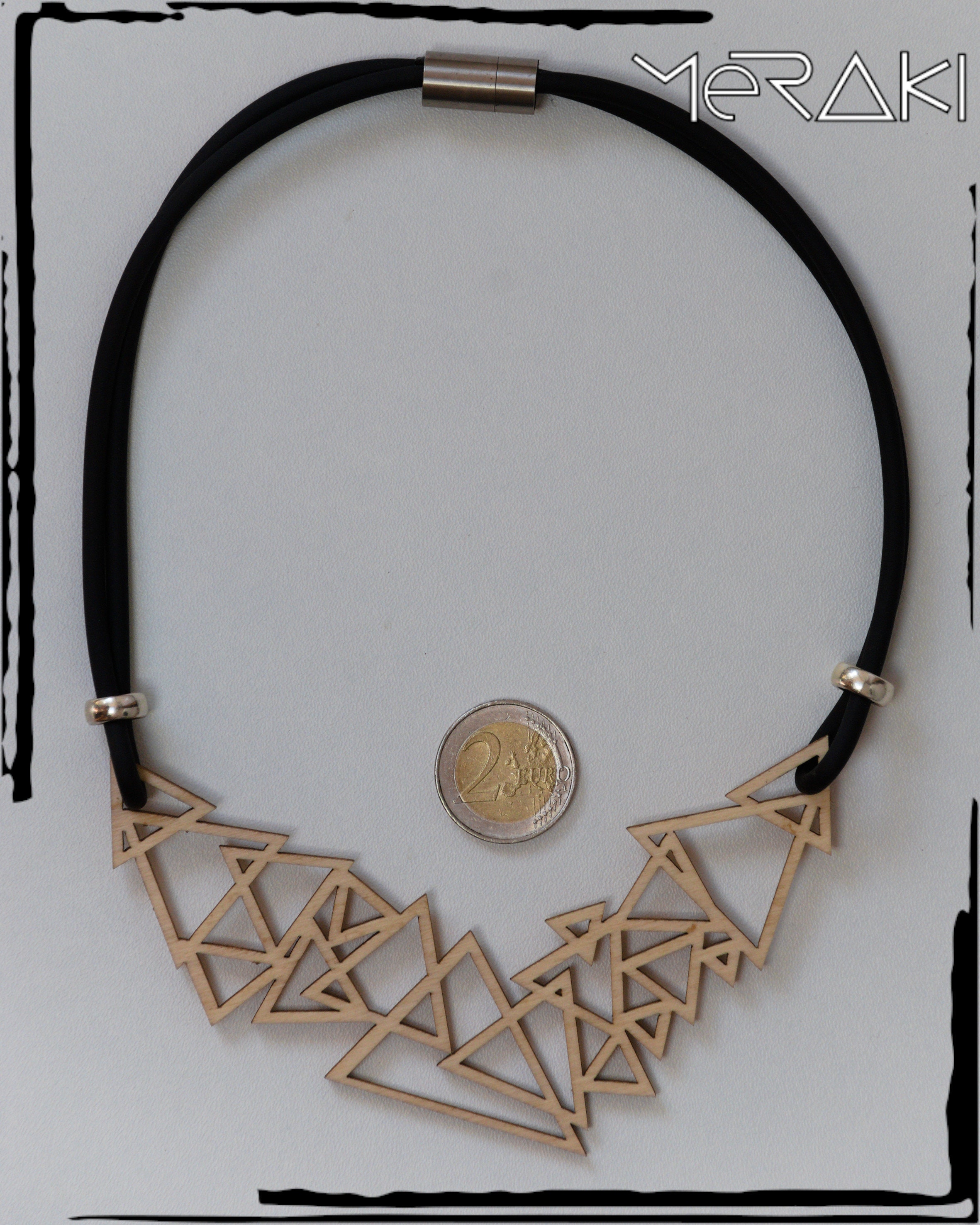 Collana geometrica taglio laser in legno, acciaio e caucciù triangoli ...