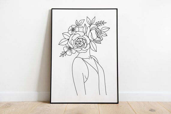 Blooming Girl Line Drawing Of Flowers Flowers Poster Girl | Etsy