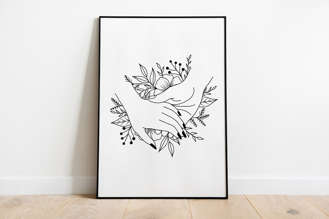 Hands and Flowers Line Art Print, Minimalist Floral Wall Decor (digital ...