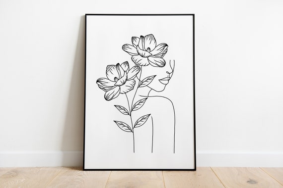 Line Art of Girl with flowers Line Drawing Of Flowers | Etsy