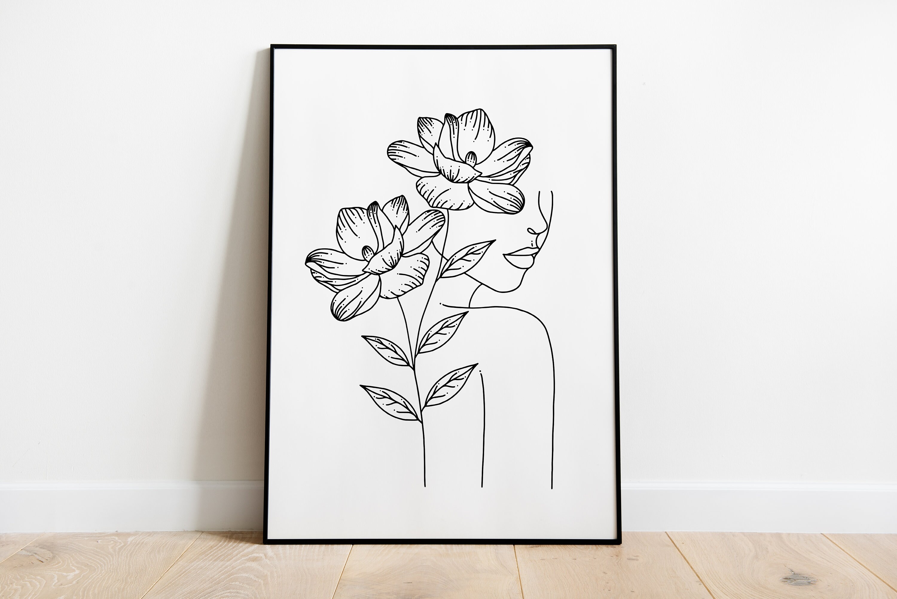Line Art of Girl With Flowers, Line Drawing of Flowers, Flowers Poster ...